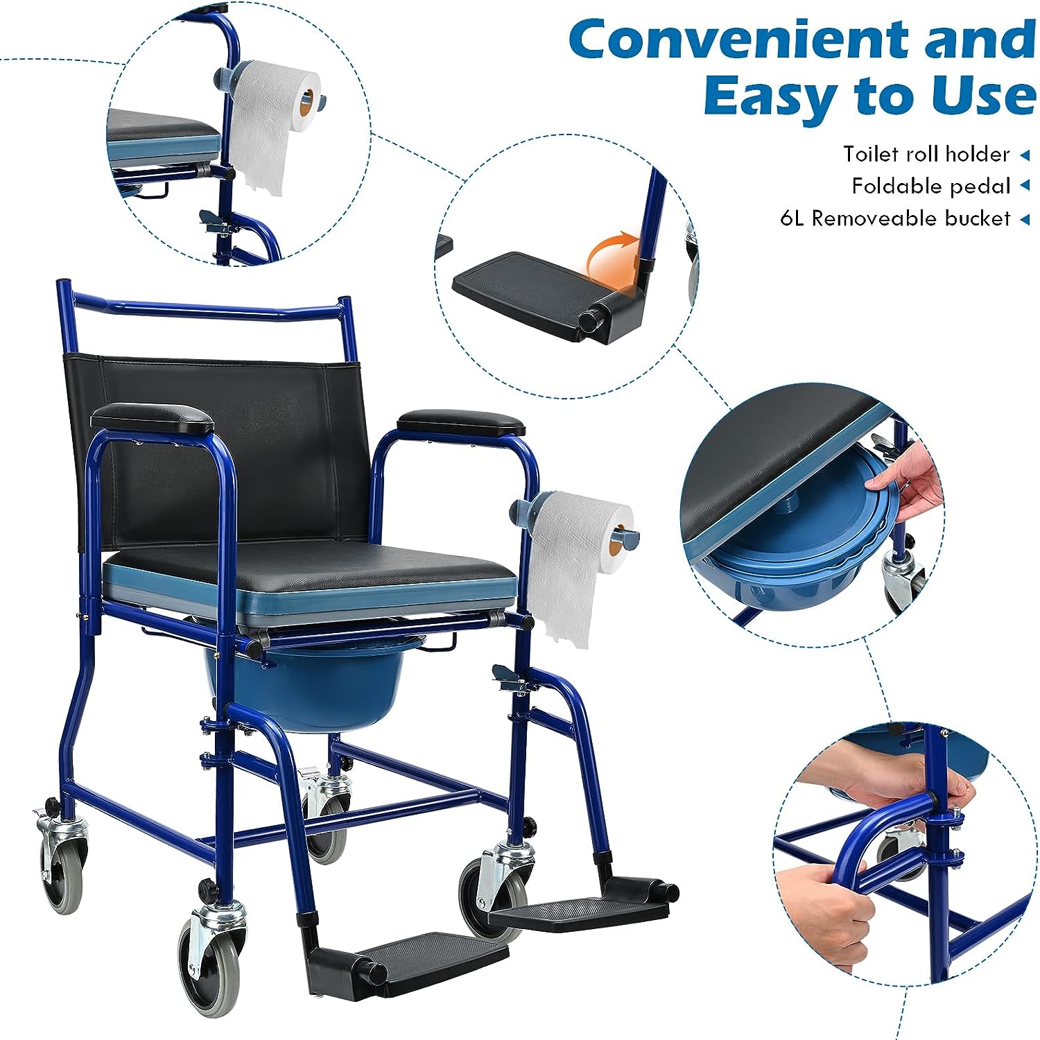 4 in 1 Bedside Commode Chair I Transport Shower Wheelchair I Rolling S ...