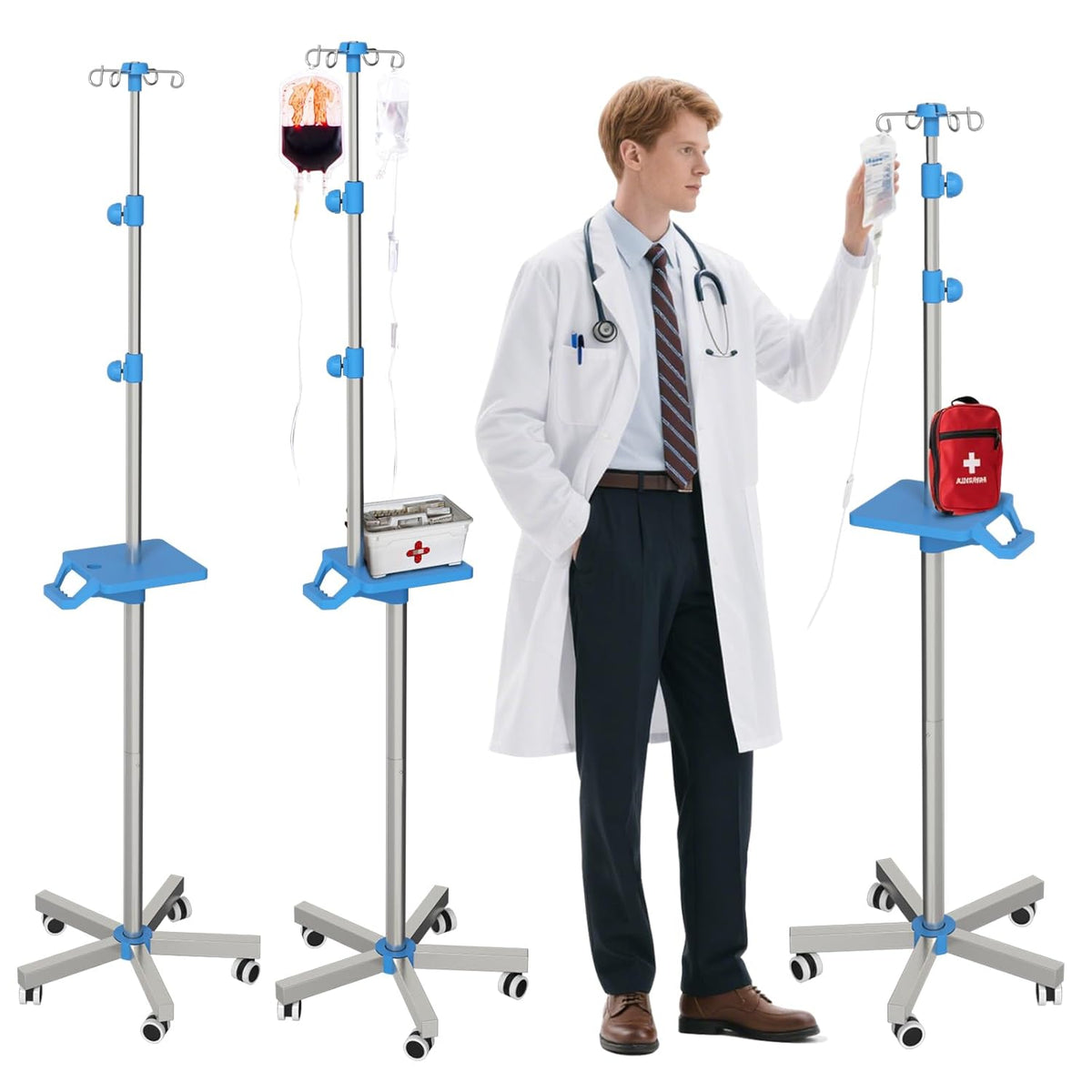Rolling IV Pole with Tray – Adjustable Stainless Steel IV Stand with 4 ...