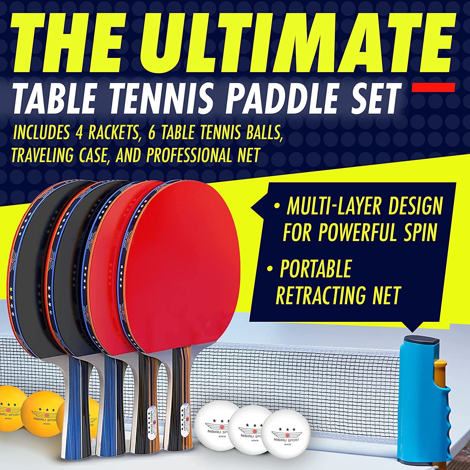 Professional Ping Pong Paddle Set with Retractable Net (Bracket Clamps ...