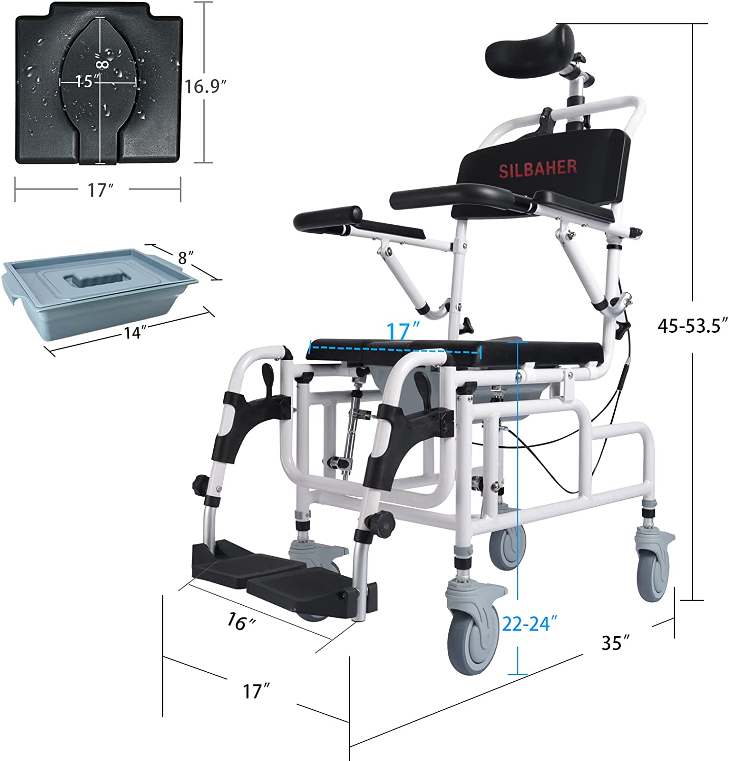 Tilt-in-Space Reclining Shower Commode Wheelchair for Adults I 4-in-1 ...